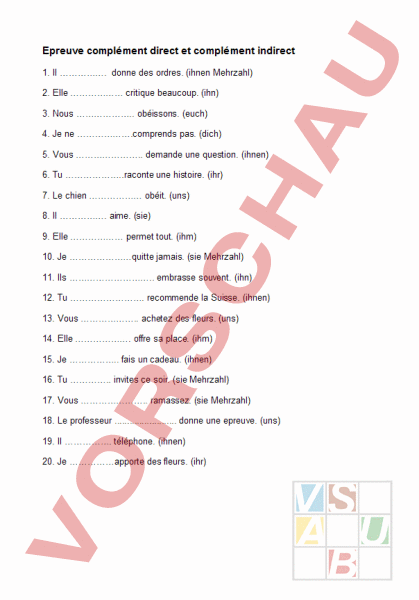 Arbeitsblatt: Complément direct/indirect - Französisch - Grammatik
