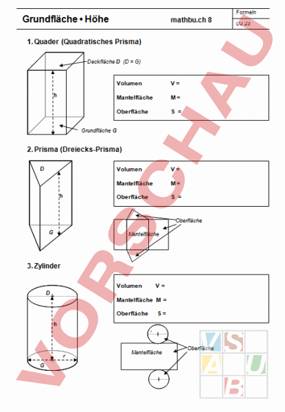 Arbeitsblatt: LU23 Zylinder Prisma - Geometrie - Körper / Figuren