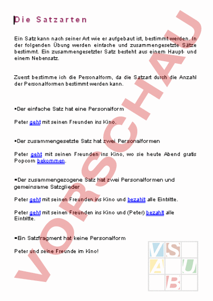 Arbeitsblatt: Übersicht Satzarten - Deutsch - Grammatik