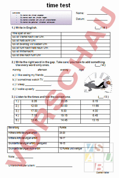 Arbeitsblatt: time test - Englisch - Gemischte Themen