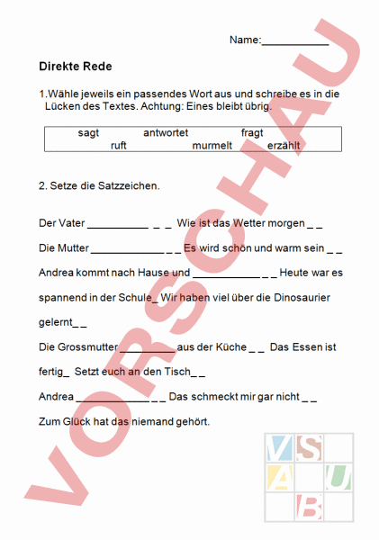 Arbeitsblatt: direkte Rede - Deutsch - Grammatik