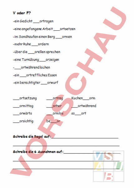 Arbeitsblatt: v oder f - Deutsch - Grammatik