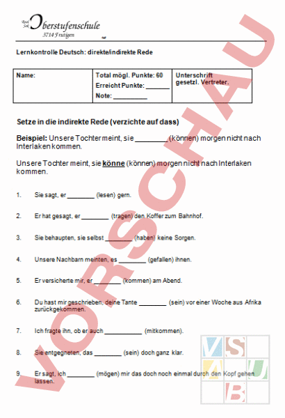 Arbeitsblatt: Direkte/indirekte Rede - Deutsch - Grammatik