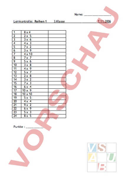 Arbeitsblatt: Reihen - Mathematik - Multiplikation