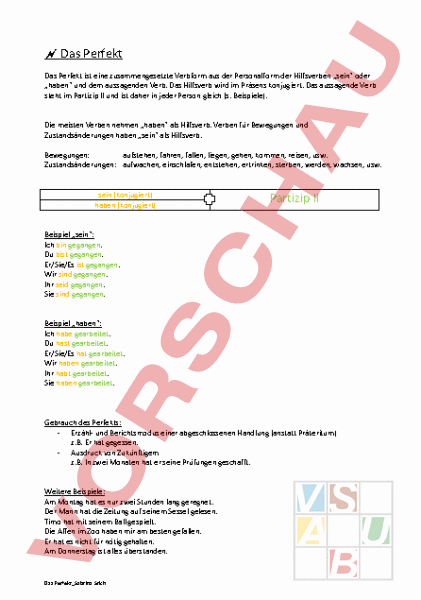 Arbeitsblatt: Perfekt-Merkblatt - Deutsch - Grammatik