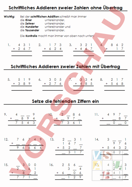 Arbeitsblatt: Schriftliche Addition Teil 1 - Mathematik - Schriftliches ...