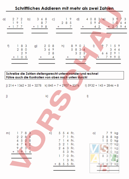Arbeitsblatt: Schriftliche Addition Teil 2 - Mathematik - Schriftliches ...