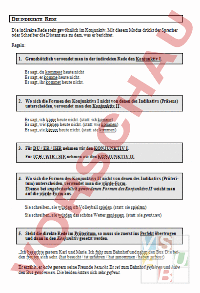 Arbeitsblatt: Indirekte Rede - Deutsch - Grammatik