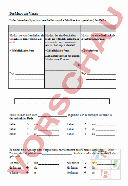 Arbeitsblatt: Modi der Verben - Deutsch - Grammatik
