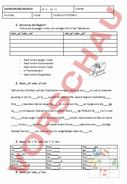 Arbeitsblatt: Lernkontrolle tz z / ck k - Deutsch - Rechtschreibung