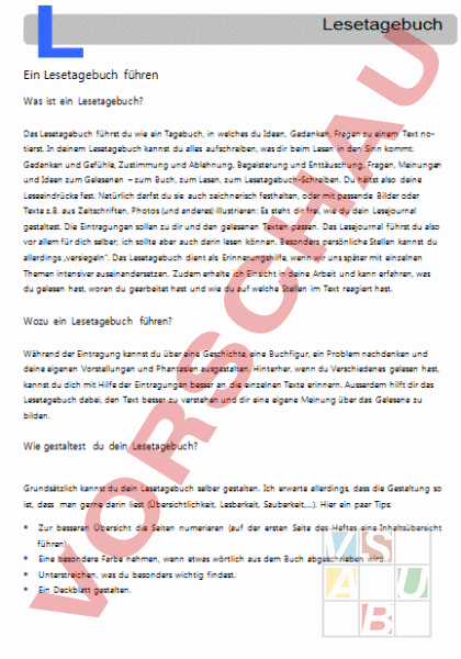Arbeitsblatt: lesetagebuch - Deutsch - Leseförderung / Literatur