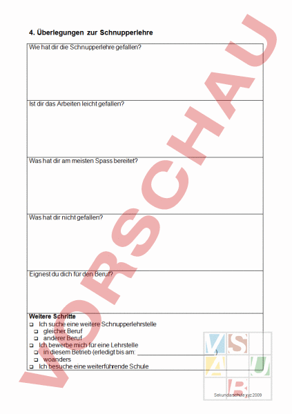 Arbeitsblatt: Überlegungen zur Schnupperlehre - Lebenskunde - Berufswahl