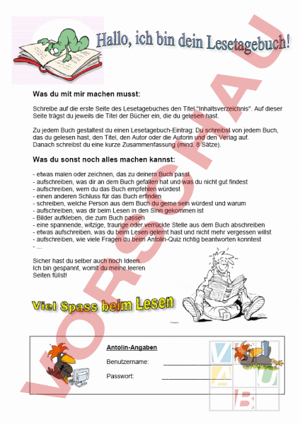 Arbeitsblatt: Lesetagebuch - Deutsch - Leseförderung / Literatur