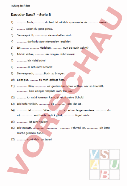 Arbeitsblatt: das / dass Sätze - Deutsch - Rechtschreibung