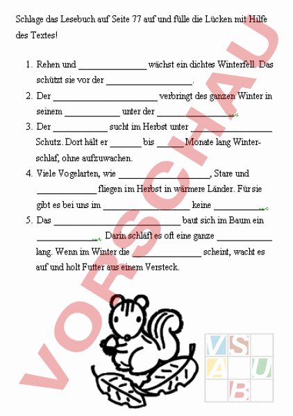 Arbeitsblatt: Lückentext zu Tiere im Winter - Deutsch - Lesefertigkeit