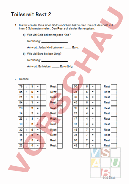 Arbeitsblatt: Teilen mit Rest - Mathematik - Division