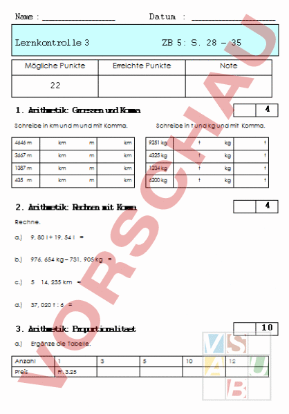 Arbeitsblatt: Lernkontrolle - Mathematik - Gemischte Themen