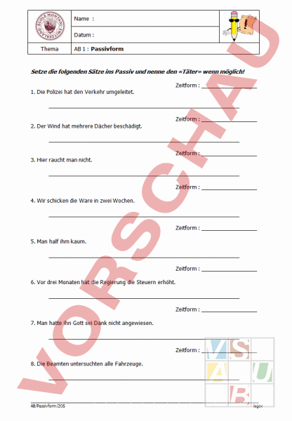 Arbeitsblatt: Passivform 1 - Deutsch - Grammatik