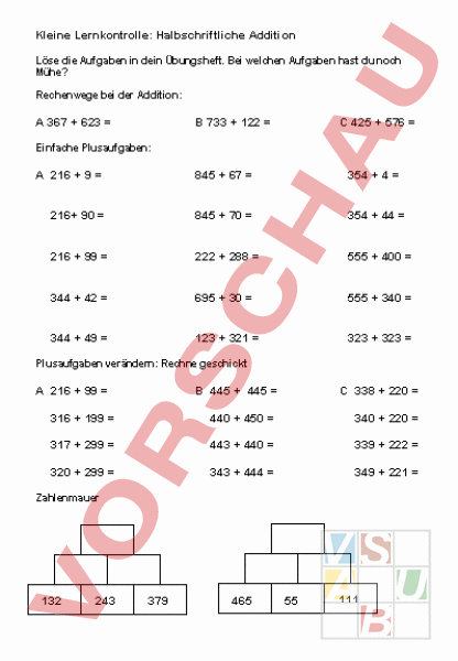 Arbeitsblatt: verschiedene Additionsaufgaben - Mathematik - Addition