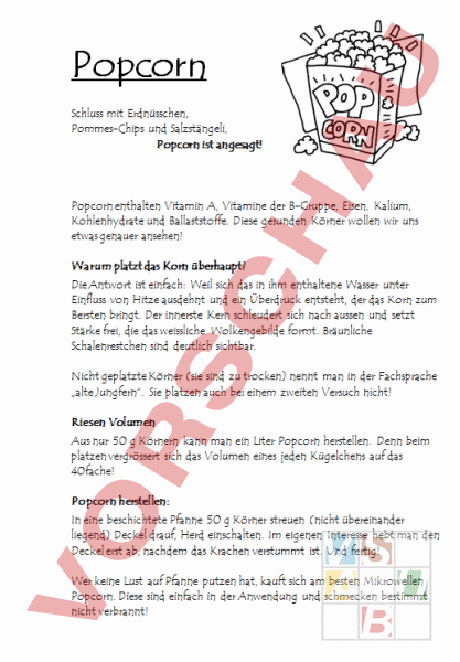 Arbeitsblatt: Popcorn - Wirtschaft, Arbeit, Haushalt - Kochen