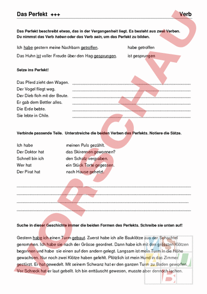Arbeitsblatt: Verb Perfekt - Deutsch - Grammatik