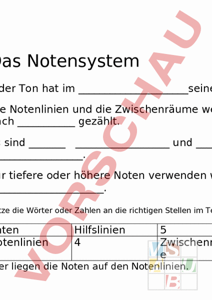 Arbeitsblatt: Das Notensystem - Musik - Musiktheorie / Noten