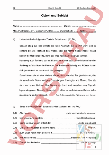 Arbeitsblatt: Satzglied Prüfung - Deutsch - Grammatik