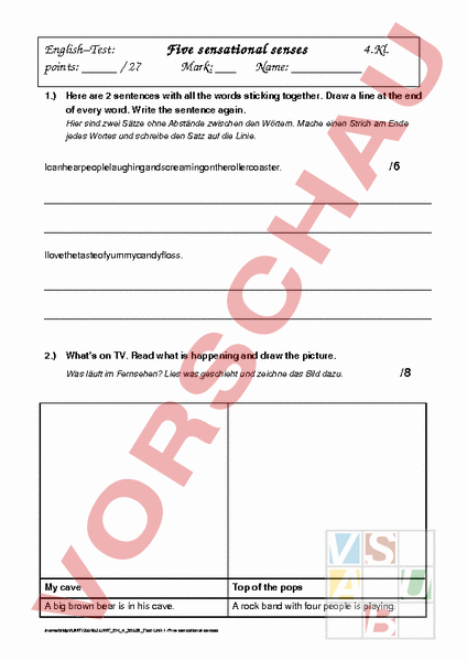 Arbeitsblatt: Test Unit 1 Five sensational senses - Englisch ...