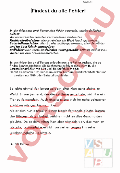 Arbeitsblatt: Findest du die Fehler - Deutsch - Rechtschreibung