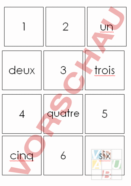 Arbeitsblatt: Memory Zahlen/Farben - Französisch - Lehrmittel