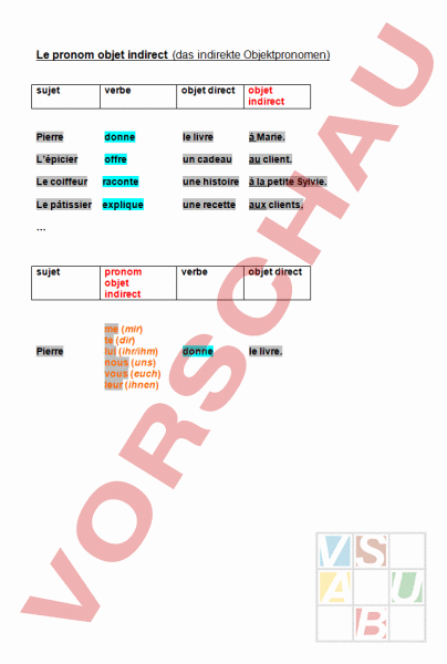 Arbeitsblatt: le pronom objet indirect - Französisch - Grammatik