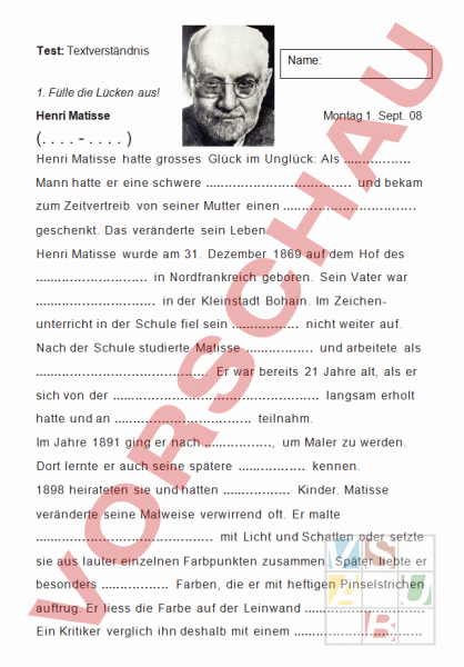 Arbeitsblatt: Henri Matisse - Deutsch - Textverständnis