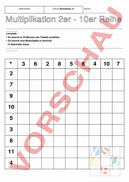Arbeitsblatt: 2er - 10er - Reihe - Mathematik - Multiplikation