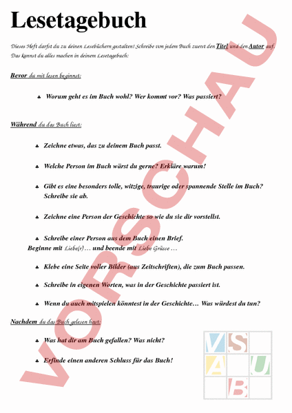 Arbeitsblatt: Anleitung_Lesetagebuch - Deutsch - Leseförderung / Literatur