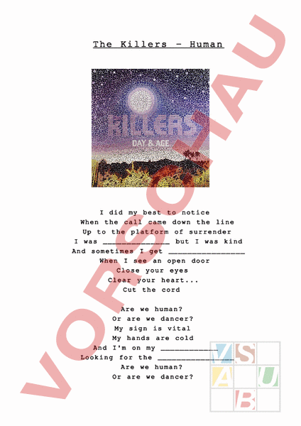 Arbeitsblatt: Song Human The Killers - Englisch - Wortschatz