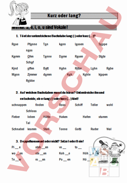 Arbeitsblatt: Vokale Kurz oder lang - Deutsch - Rechtschreibung