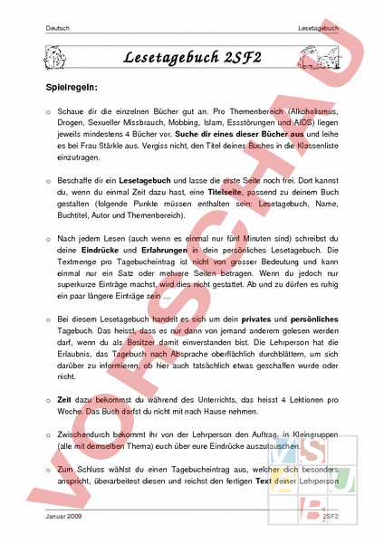 Arbeitsblatt: Lesetagebuch - Deutsch - Leseförderung / Literatur