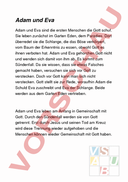 Arbeitsblatt: Adam und Eva - Diverses / Fächerübergreifend - Anderes Thema