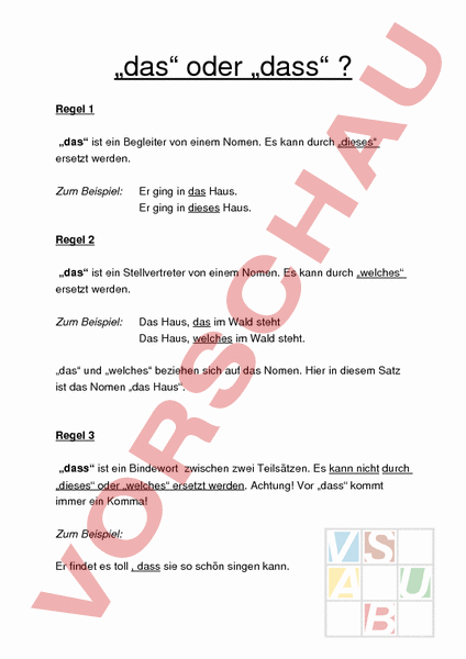 Arbeitsblatt: dass oder das - Deutsch - Grammatik