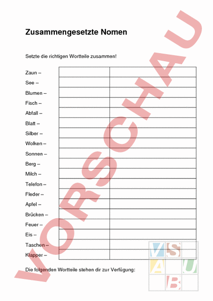 Arbeitsblatt: Zusammengesetzte Nomen - Deutsch - Grammatik