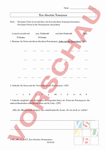Arbeitsblatt: Test Absolute Notennamen - Musik - Musiktheorie / Noten