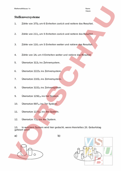 Arbeitsblatt: Test Stellenwertsysteme - Mathematik - Zahlensysteme