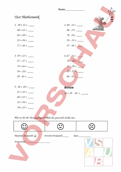 Arbeitsblatt: 1.Test 3.Klasse - Mathematik - Addition