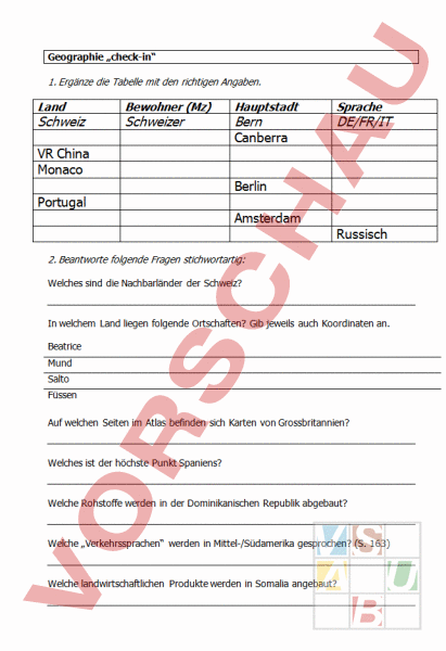 Arbeitsblatt Check In Allgemeinwissen Arbeit Mit Atlas Swa