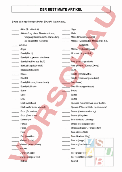 Arbeitsblatt: Der bestimmte Artikel - Deutsch - Grammatik