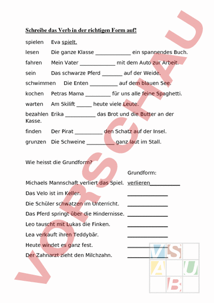 Arbeitsblatt: Verbform - Deutsch - Grammatik
