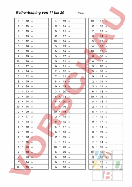 Arbeitsblatt: Reihentraining von 11 bis 20 - Mathematik - Multiplikation