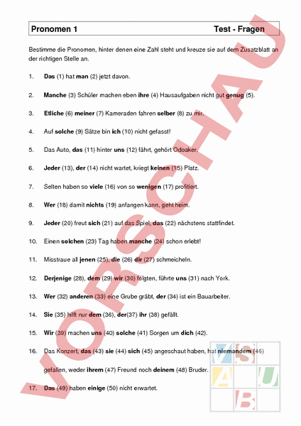 Arbeitsblatt: alle Pronomen Test-Fragen - Deutsch - Grammatik