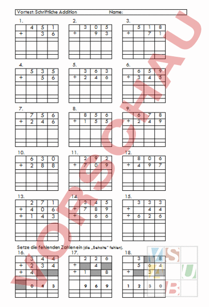 Arbeitsblatt: Schriftliche Addition - Mathematik - Addition