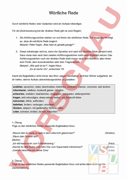 Arbeitsblatt: Die wörtliche /direkte Rede - Deutsch - Grammatik